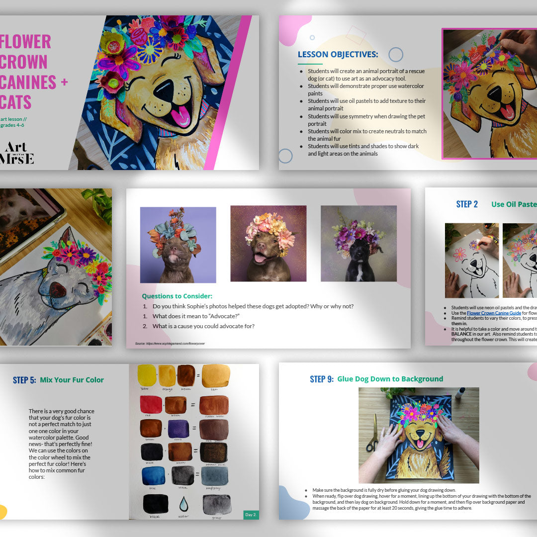 Flower Crown Canines + Cats Digital Lessson | Grades K-3 – Art With Mrs. E