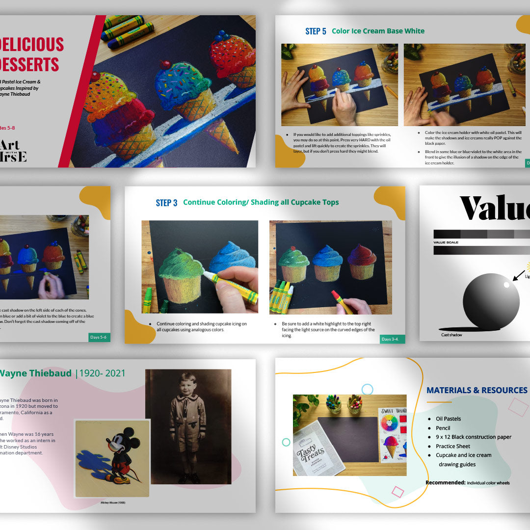 Delicious Desserts Oil Pastel Art Lesson || Cupcakes + Ice Cream Cones ...